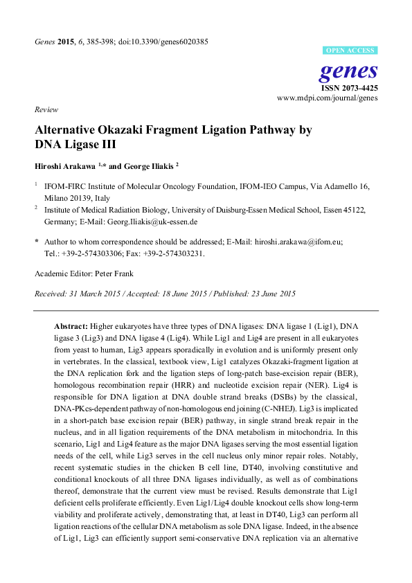 (PDF) Alternative Okazaki Fragment Ligation Pathway by DNA Ligase III
