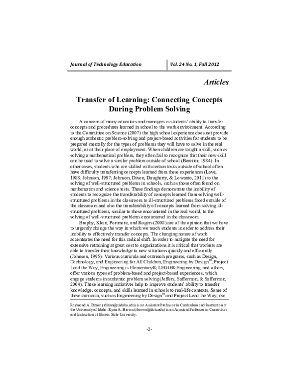 (PDF) Transfer of Learning: Connecting Concepts During Problem Solving (PDF) Transfer of Learning: Connecting Concepts During Problem Solving