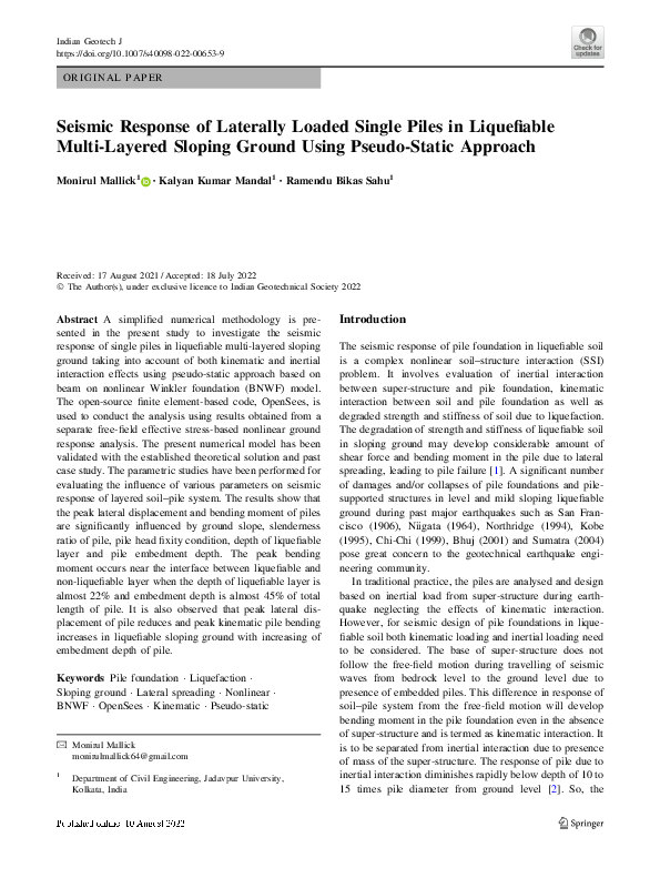 (PDF) Seismic Response of Laterally Loaded Single Piles in Liquefiable ...