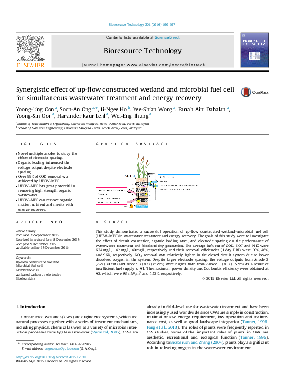 Synergistic effect of up-flow constructed wetland and microbial fuel cell for simultaneous ...