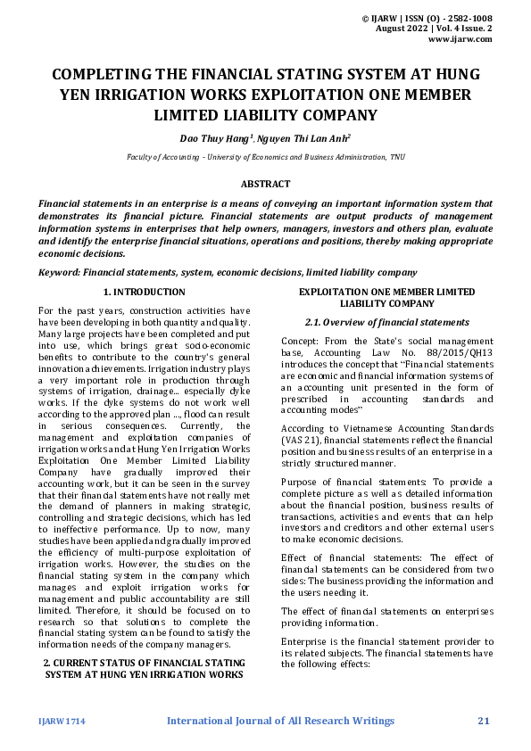 (PDF) COMPLETING THE FINANCIAL STATING SYSTEM AT HUNG YEN IRRIGATION ...