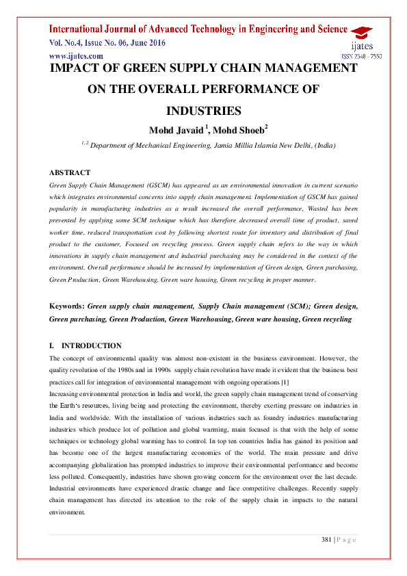 (PDF) Impact of Green Supply Chain Management on the Overall Performance of Industries