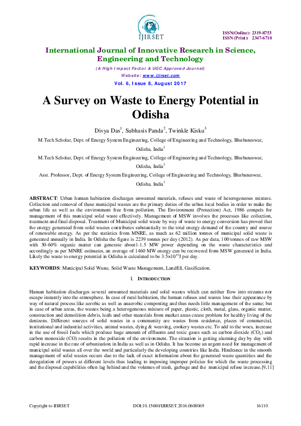 (PDF) A Survey on Waste to Energy Potential in Odisha