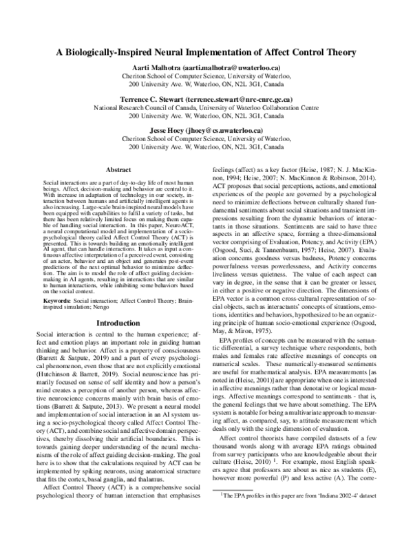 (PDF) A Biologically-Inspired Neural Implementation of Affect Control Theory