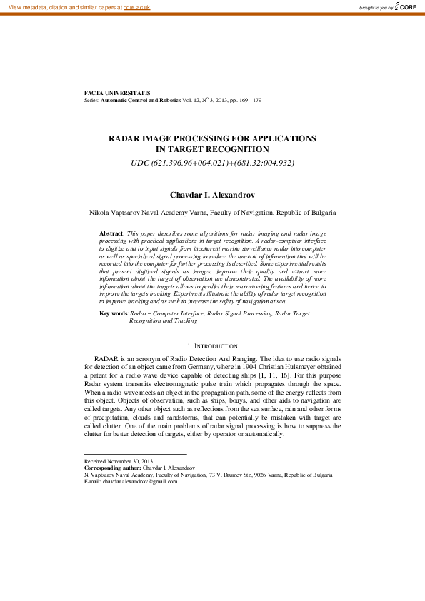 (PDF) Radar Image Processing for Applications in Target Recognition