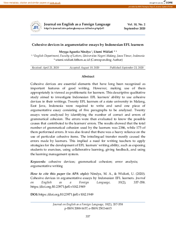 (PDF) Cohesive devices in argumentative essays by Indonesian EFL learners