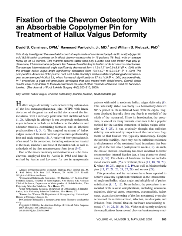 (PDF) Fixation of the Chevron Osteotomy With an Absorbable Copolymer ...