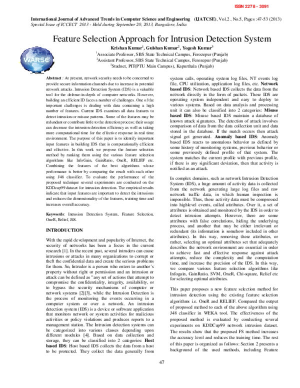 Pdf Feature Selection Approach For Intrusion Detection System
