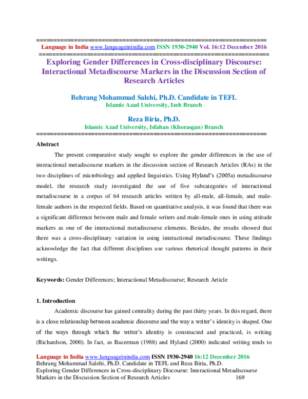 (PDF) Exploring Gender Differences in Cross-disciplinary Discourse : Interactional Metadiscourse ...