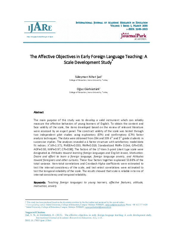 (PDF) The Affective Objectives in Early Foreign Language Teaching: A Scale Development Study