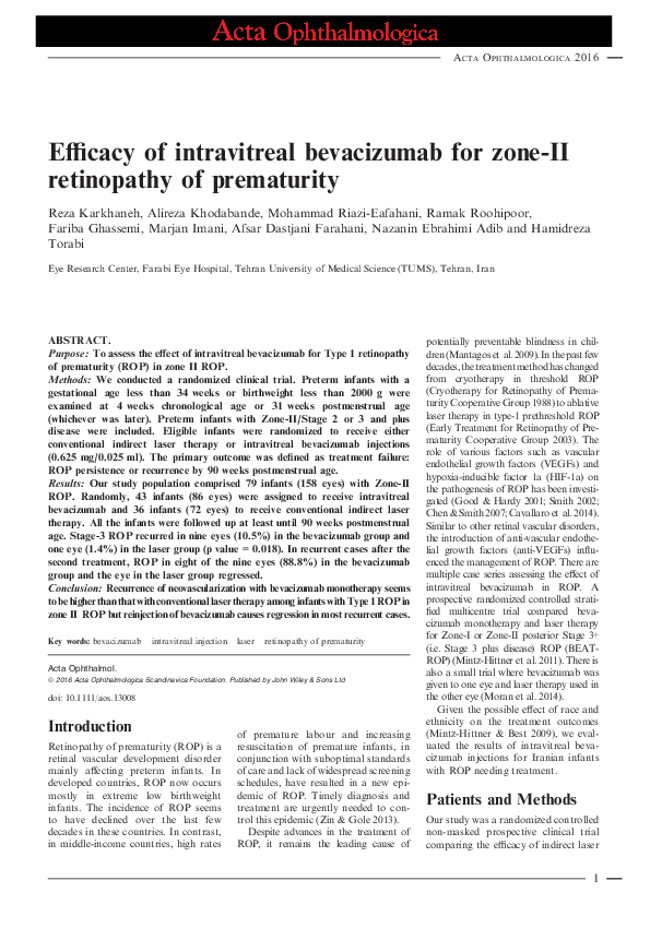(PDF) Efficacy of intravitreal bevacizumab for zone-II retinopathy of ...