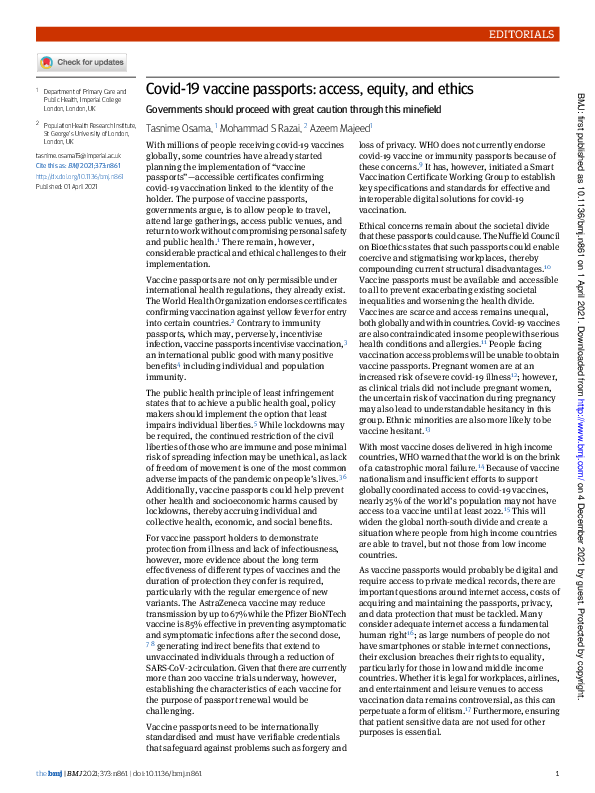 (PDF) Covid-19 vaccine passports: access, equity, and ethics | Mohammad ...