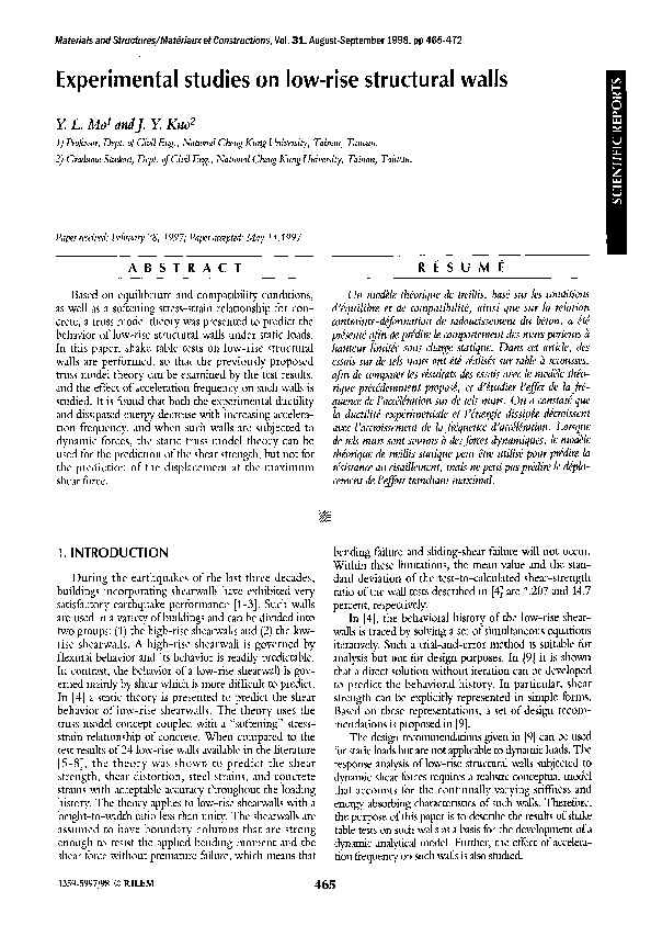 (PDF) Experimental studies on low-rise structural walls