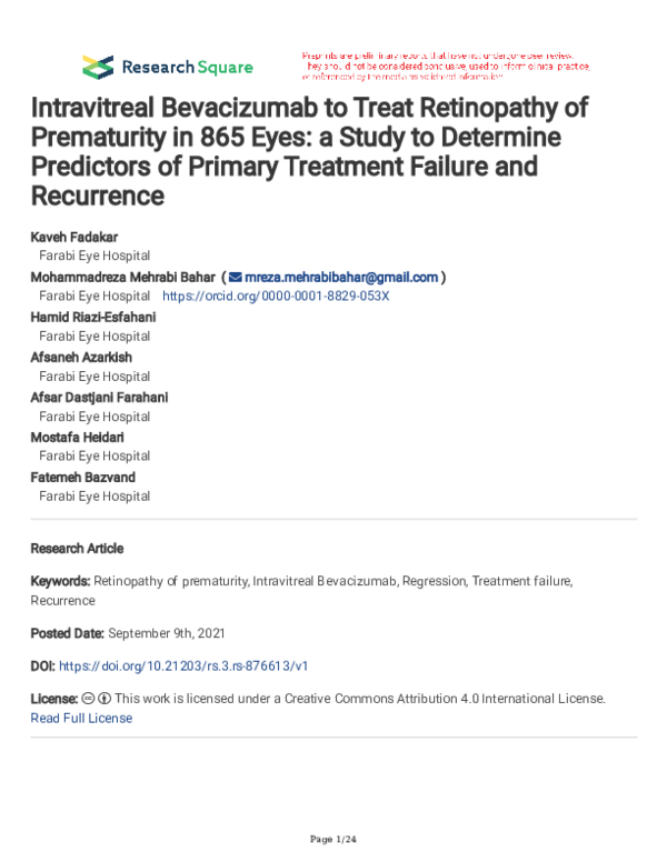 (PDF) Intravitreal Bevacizumab to Treat Retinopathy of Prematurity in ...