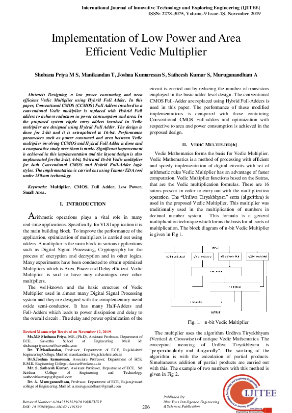 Pdf Implementation Of Low Power And Area Efficient Vedic Multiplier