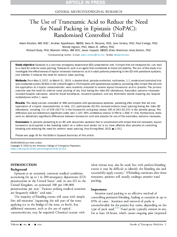 (PDF) The Use of Tranexamic Acid to Reduce the Need for Nasal Packing ...