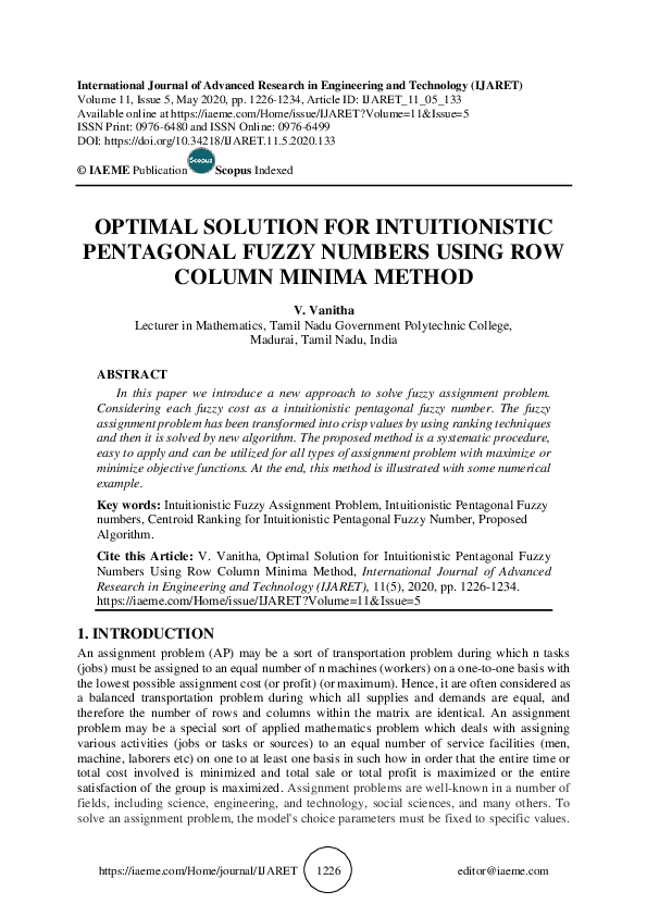 Pdf Optimal Solution For Intuitionistic Pentagonal Fuzzy Numbers Using Row Column Minima