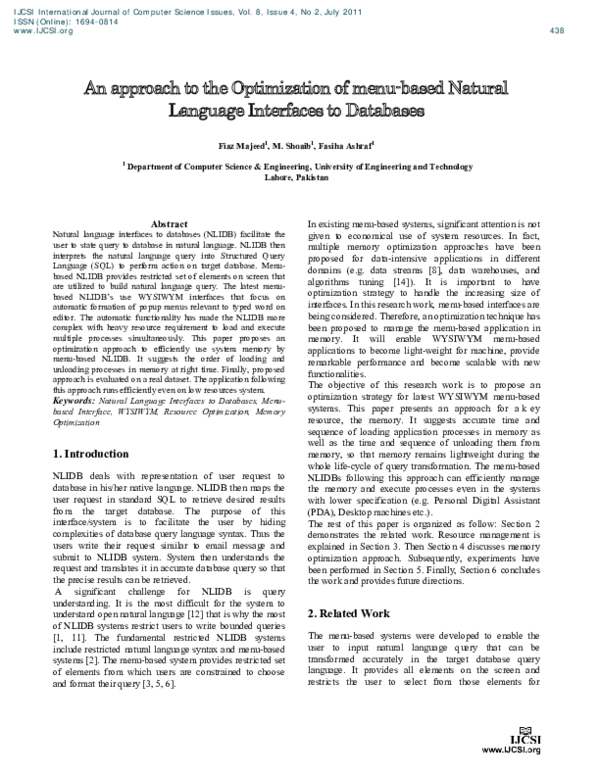 An Approach To The Optimization Of Menu Based Natural Language Interfaces To Databases