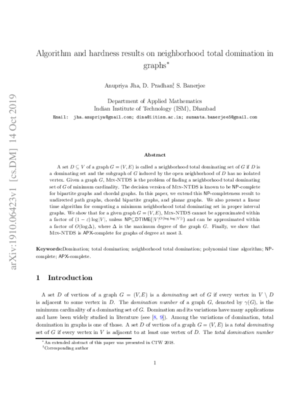 (PDF) Algorithm and hardness results on neighborhood total domination in graphs