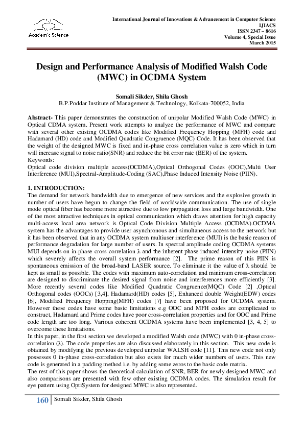 (PDF) Design and Performance Analysis of Modified Walsh Code (MWC) in OCDMA System