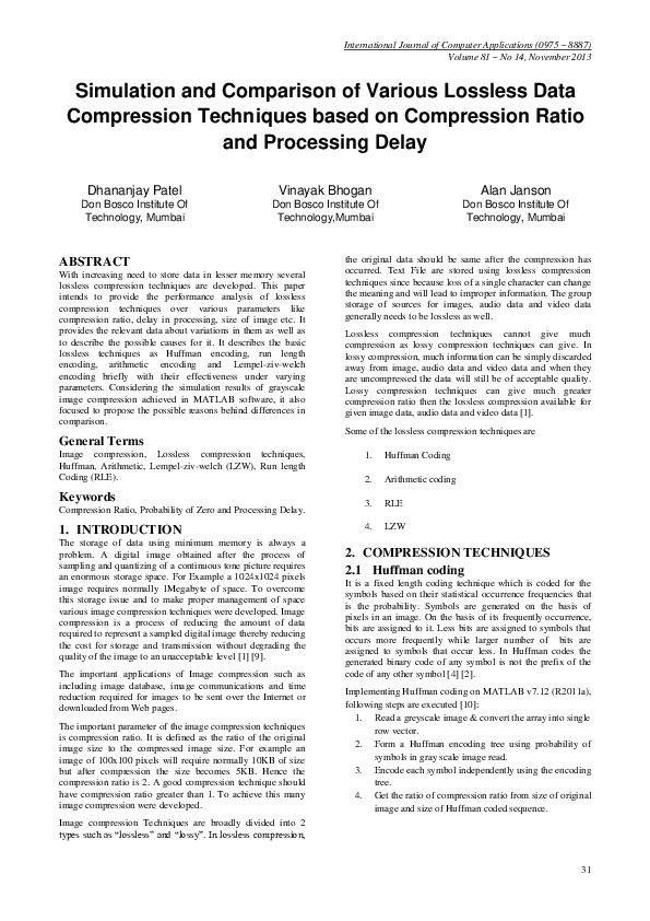 (PDF) Simulation and Comparison of Various Lossless Data Compression Techniques based on ...