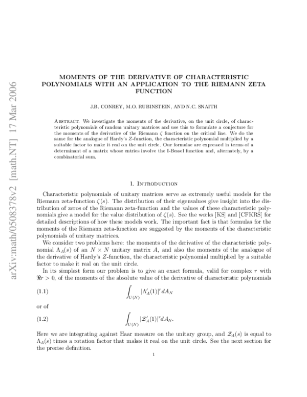(PDF) Moments of the Derivative of Characteristic Polynomials with an Application to the Riemann ...
