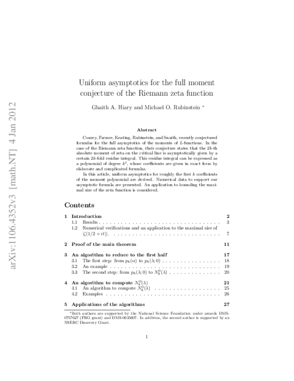 (PDF) Uniform asymptotics for the full moment conjecture of the Riemann zeta function