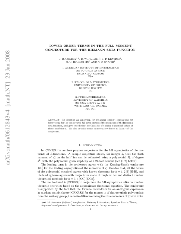 (PDF) Lower order terms in the full moment conjecture for the Riemann ...