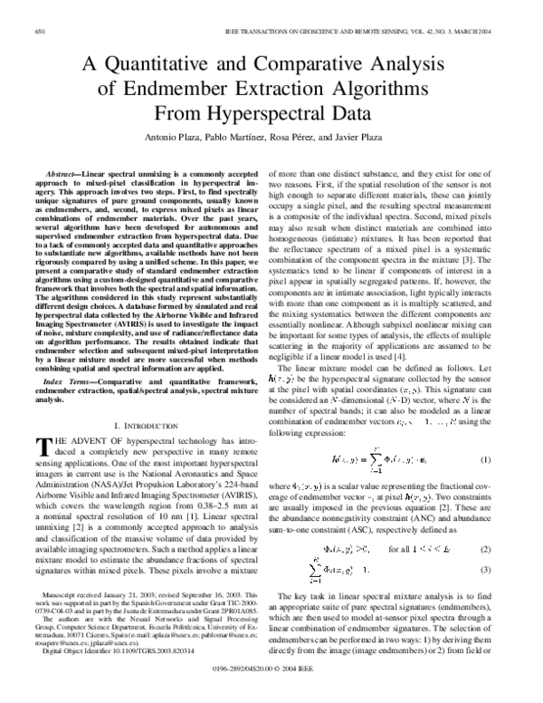 Pdf A Quantitative And Comparative Analysis Of Endmember Extraction Algorithms From