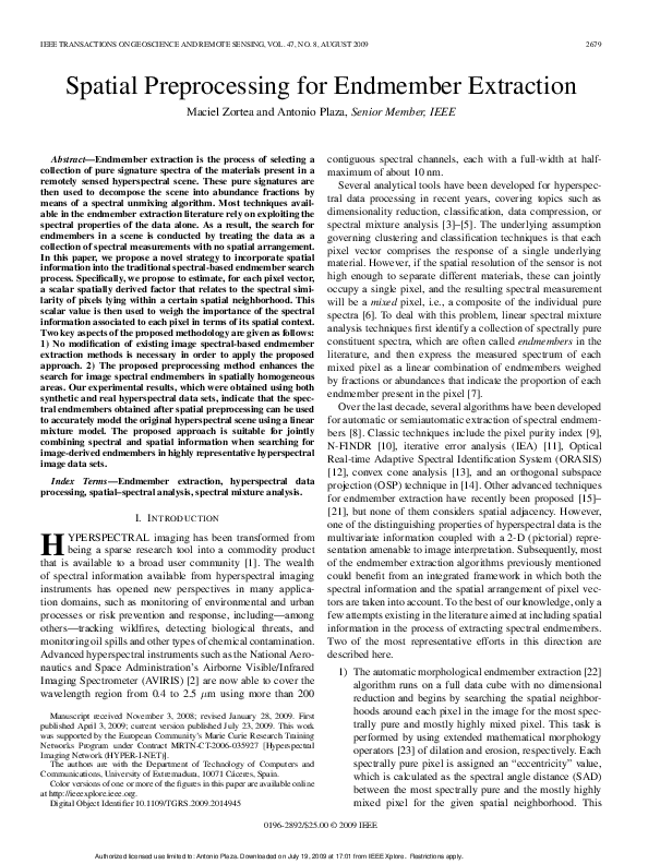Pdf Spatial Preprocessing For Endmember Extraction Antonio Plaza