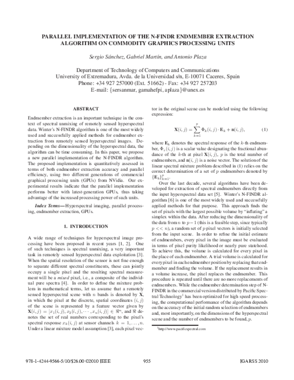Pdf Parallel Implementation Of The N Findr Endmember Extraction Algorithm On Commodity 