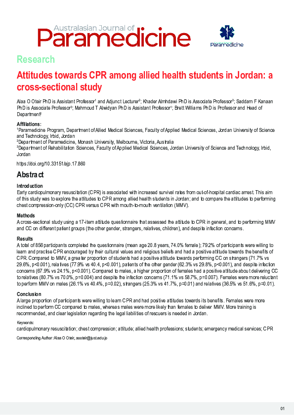 (PDF) Attitudes towards CPR among allied health students in Jordan: a ...