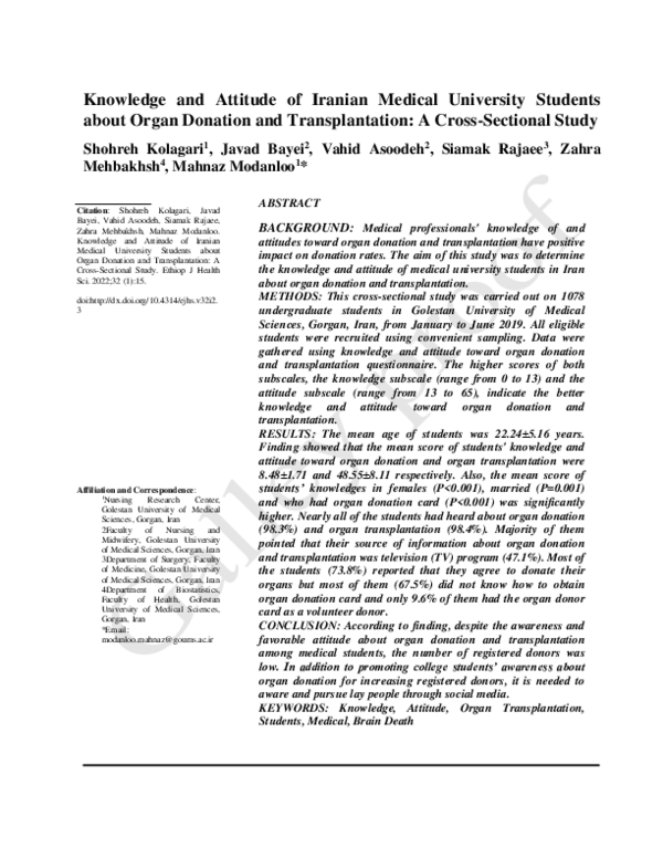 (PDF) Knowledge and Attitude of Iranian Medical University Students about Organ Donation and ...