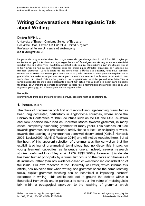 (PDF) Writing Conversations: Metalinguistic Talk about Writing