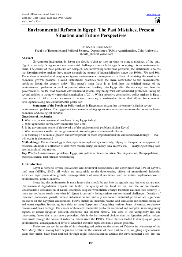 (PDF) Environmental Reform in Egypt: The Past Mistakes, Present ...