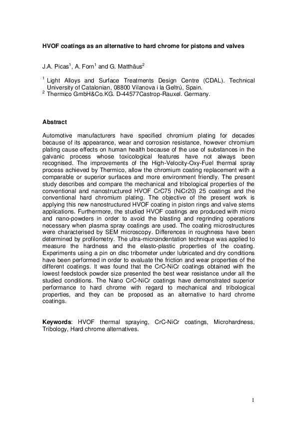 (PDF) HVOF coatings as an alternative to hard chrome for pistons and valves