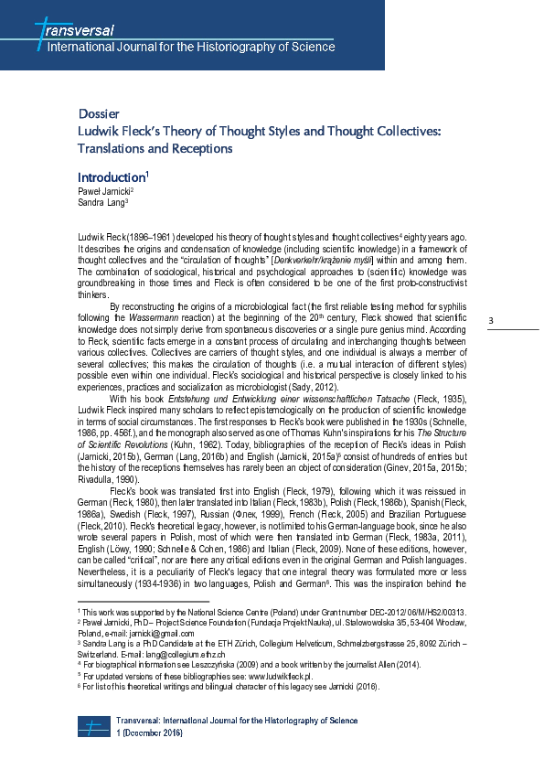 (PDF) Introduction to the Dossier - Ludwik Fleck