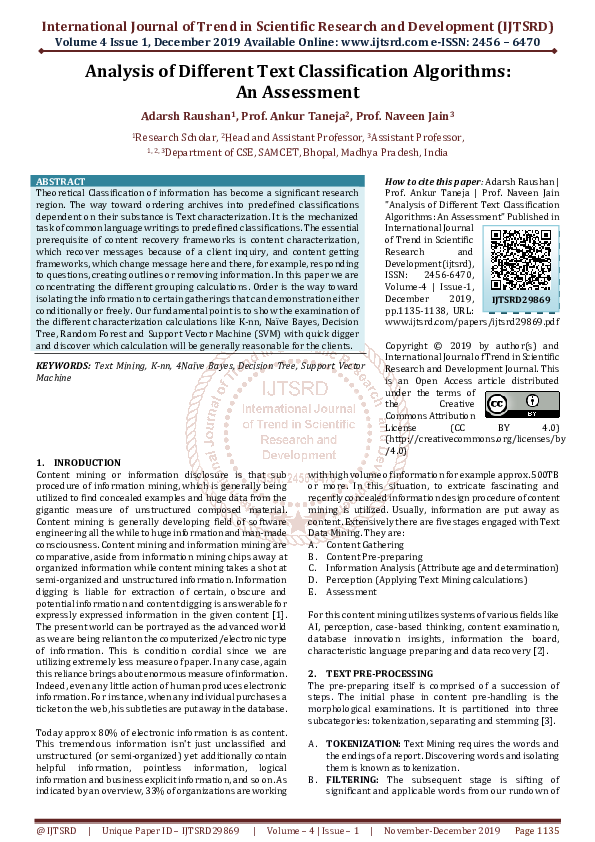 (PDF) Analysis of Different Text Classification Algorithms: An Assessment
