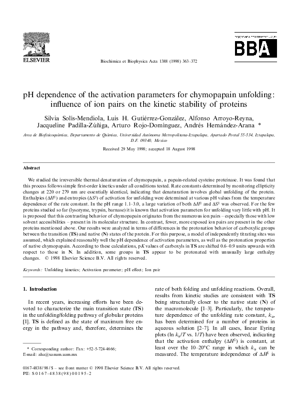 (PDF) pH dependence of the activation parameters for chymopapain ...
