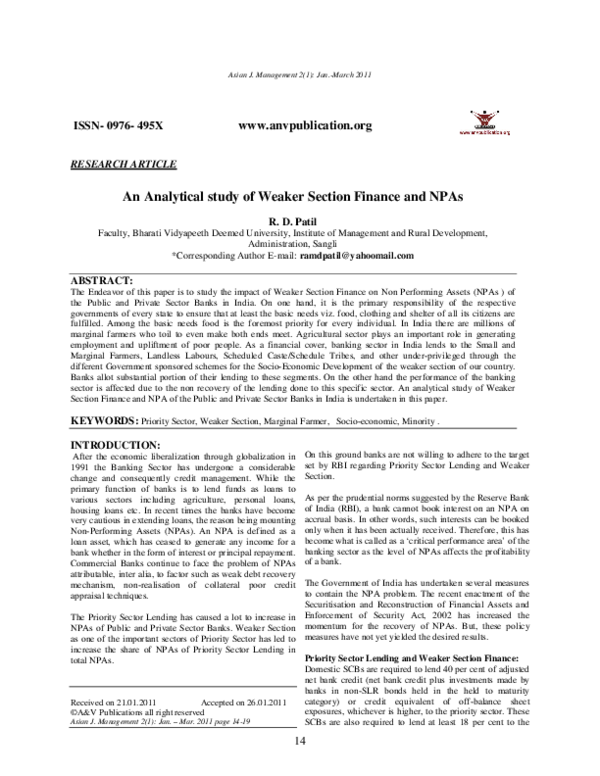 (PDF) An Analytical study of Weaker Section Finance and NPAs