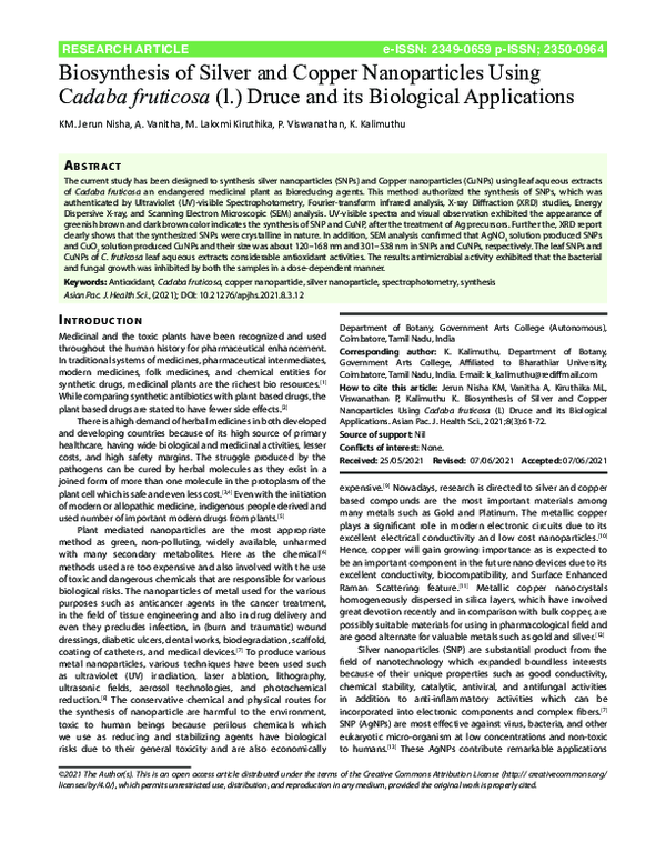 (PDF) Biosynthesis of Silver and Copper Nanoparticles Using Cadaba fruticosa (l.) Druce and its ...
