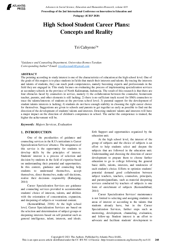 (PDF) High School Student Career Plans: Concepts and Reality