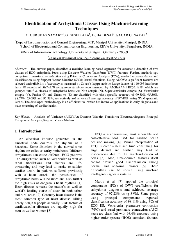 (PDF) Identification of Arrhythmia Classes Using Machine-Learning Techniques