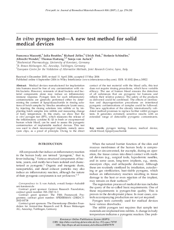 (PDF) In vitro pyrogen test—A new test method for solid medical devices