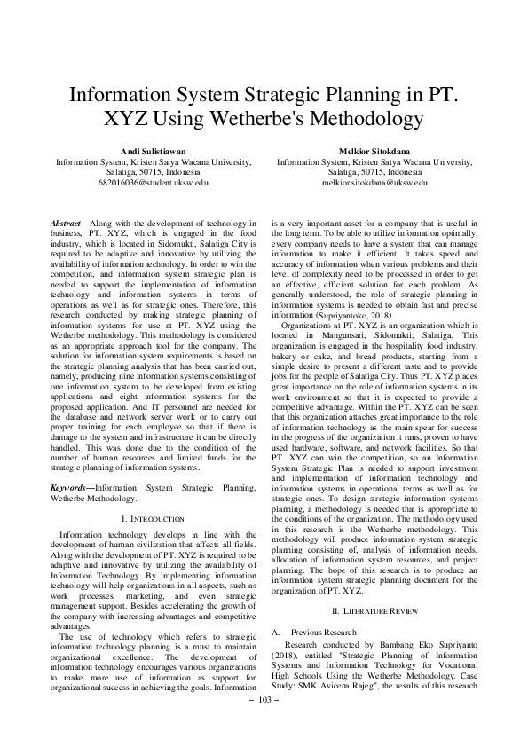 (PDF) Information System Strategic Planning in PT XYZ Using Wetherbe's Methodology
