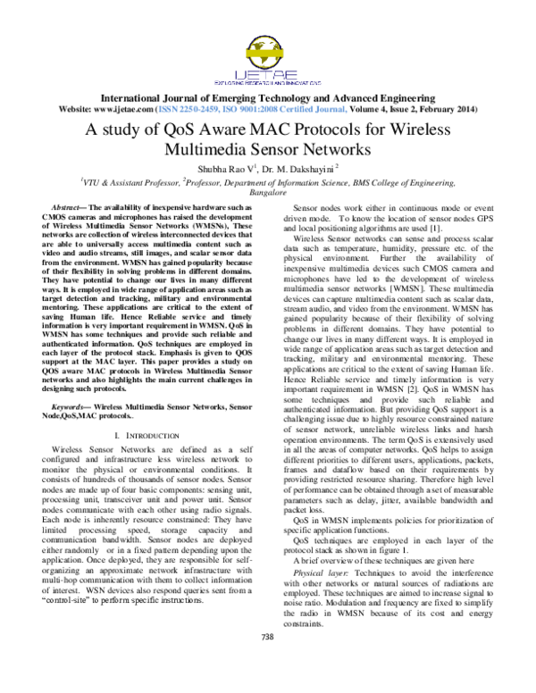 (PDF) A study of QoS Aware MAC Protocols for Wireless Multimedia Sensor Networks