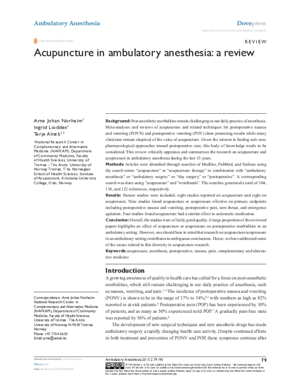 (PDF) Acupuncture in ambulatory anesthesia: a review