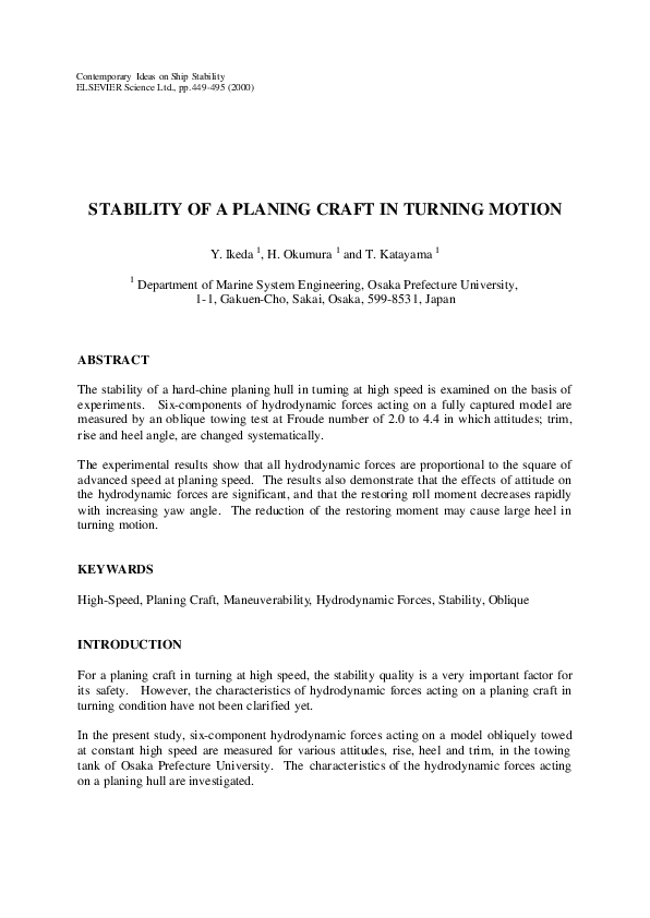 (PDF) Stability of a planing craft in turning motion