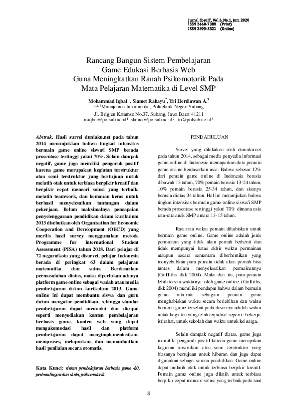 (PDF) Rancang Bangun Sistem Pembelajaran Game Edukasi Berbasis Web Guna ...