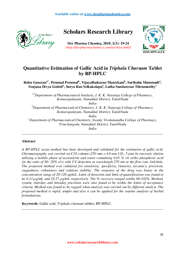 (PDF) Quantitative Estimation of Gallic Acid in Triphala Churnam Tabletby RP-HPLC